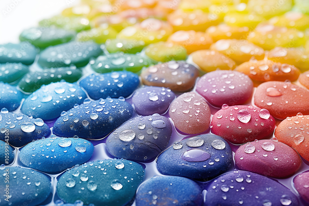 Rainbow-colored stones covered in water droplets, creating a vibrant ...