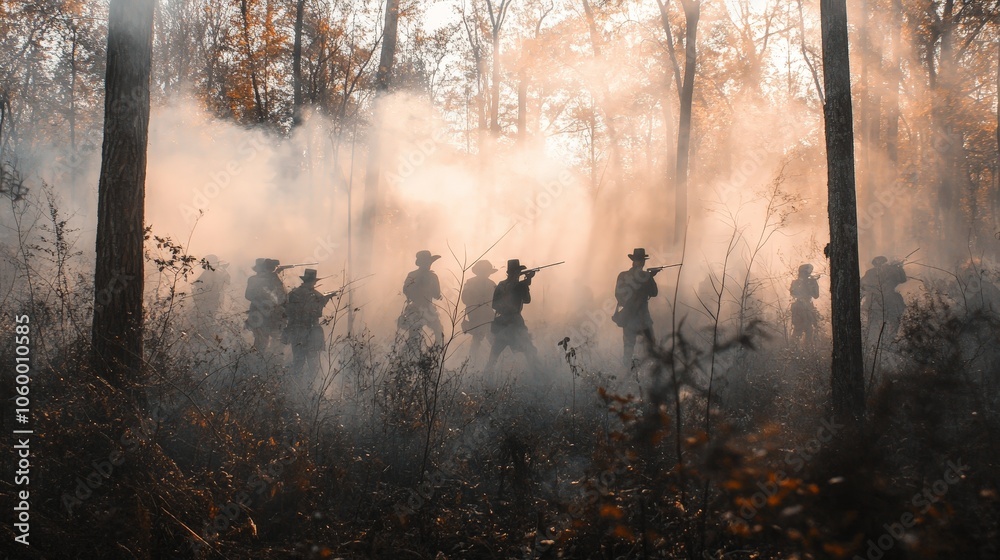 A dramatic Civil War reenactment of the Battle of Shiloh, with soldiers ...