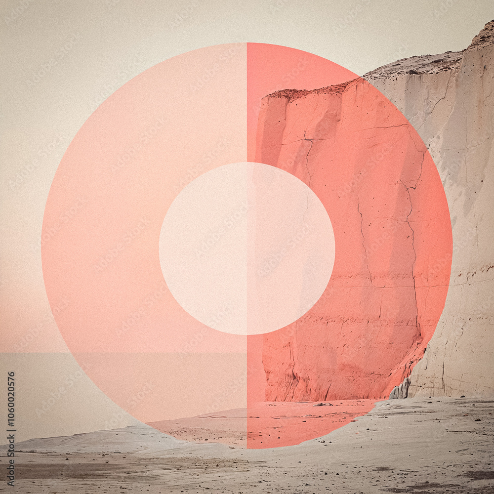 Surreal landscape with circular graphic design elements similar to an ...