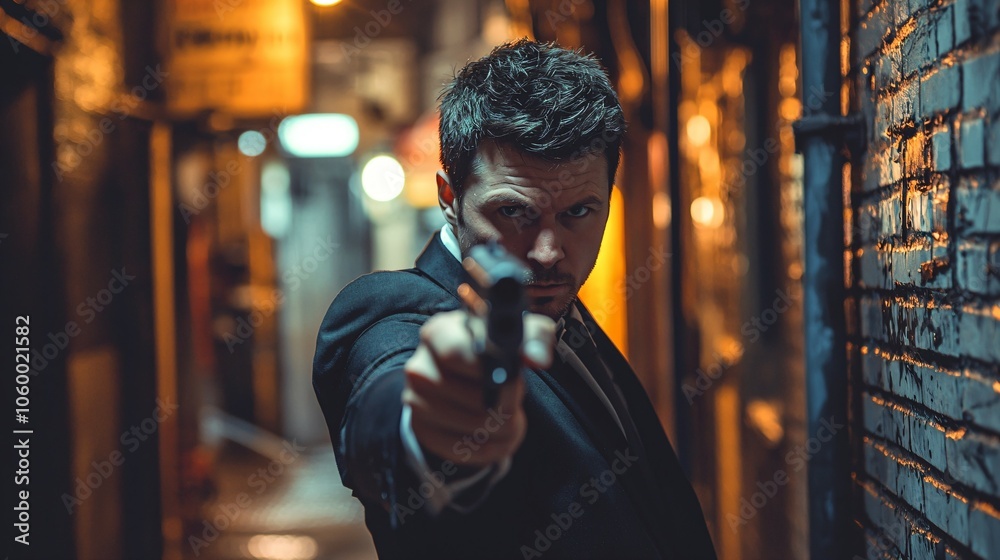 Man in dark suit stands tense and alert in dimly lit alleyway, gun in ...