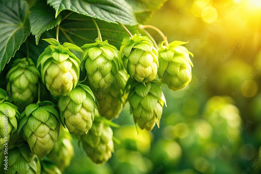A sprawling mass of fresh beer hops with vibrant green color and ...