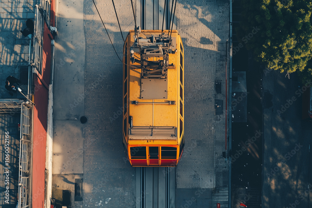 Aerial view of tram with cable line on railroad, Top view of cable car ...