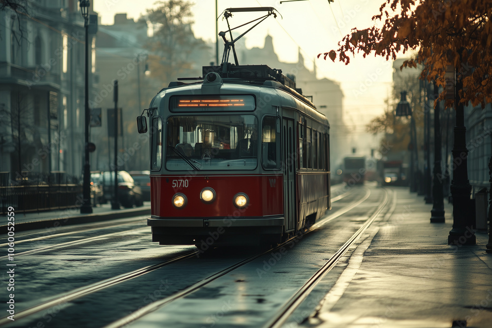 Selective focus tram with headlight on railroad, Public transport with ...