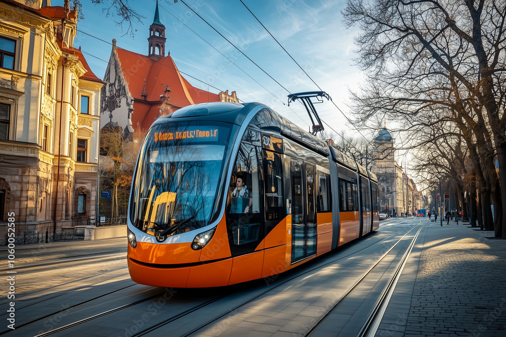 Selective focus tram with headlight on railroad, Public transport with ...