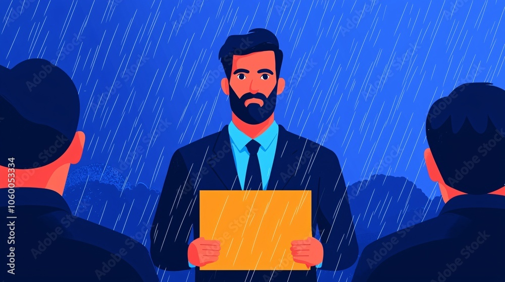 A solemn man stands in the rain, holding a yellow document, facing two ...
