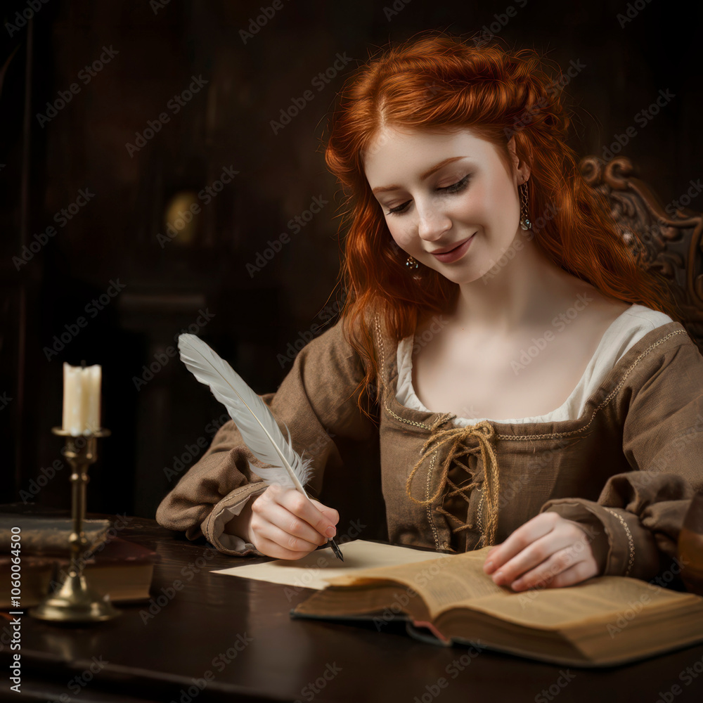 Medieval red haired woman writer holds pen feather quill in hands, at ...