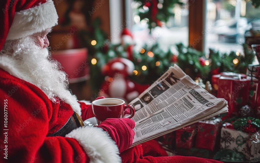 Santa at a Coffee Shop: Santa enjoying a cup of hot coffee at a cozy ...