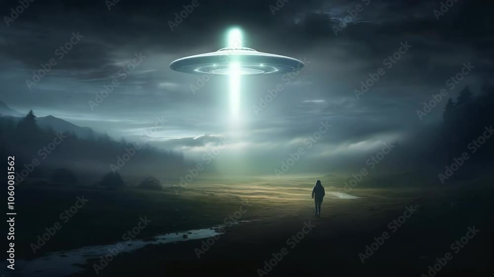 video of Alien stand under the spotlight of a flying saucer Відео Stock ...