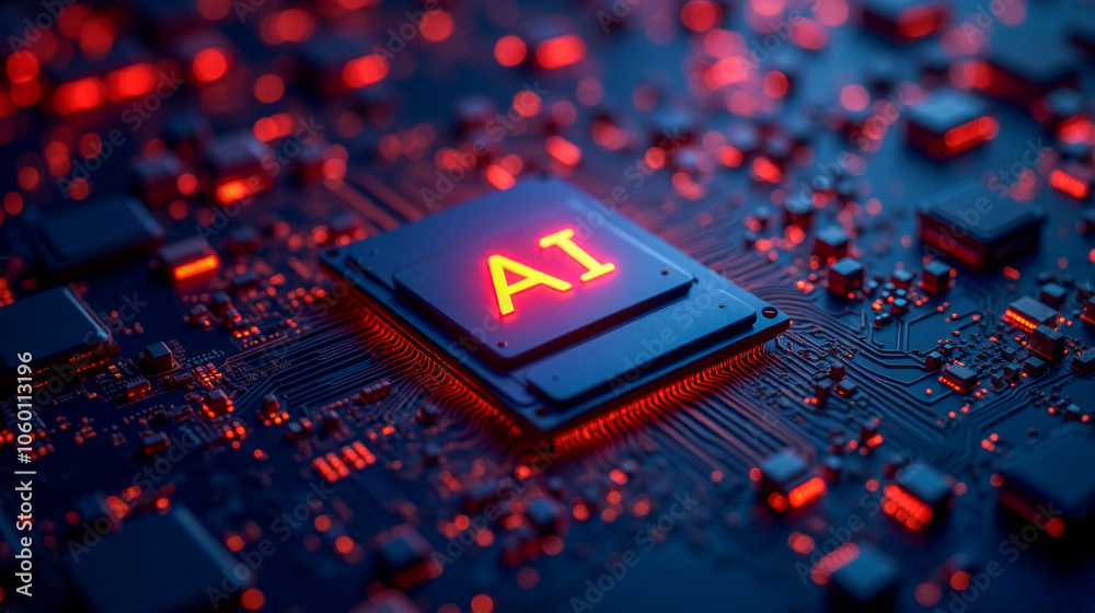 Illuminated AI chip on motherboard, advanced technology concept ...