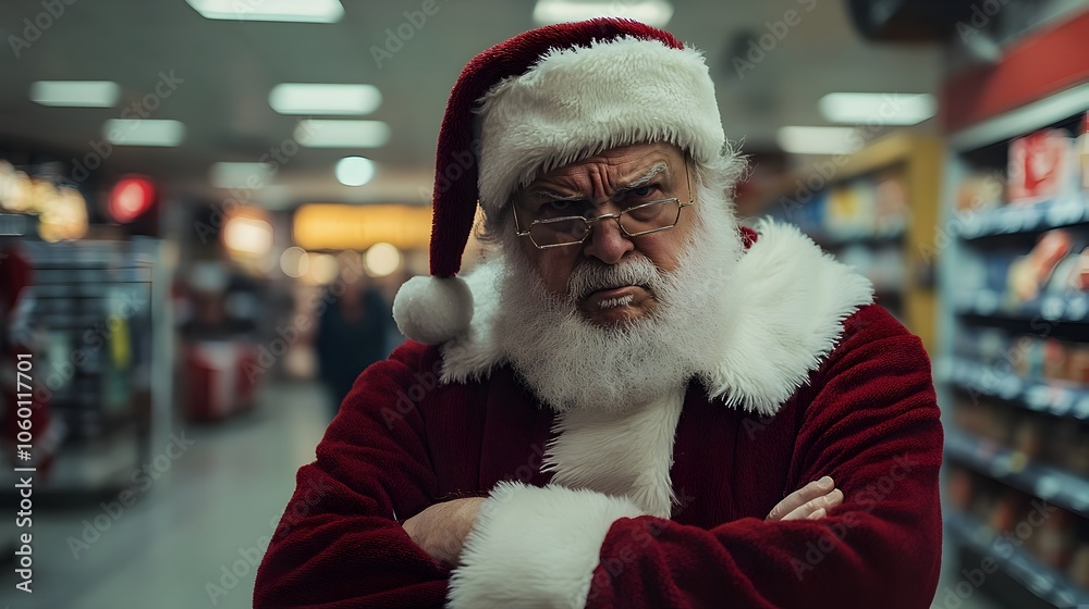 Snarky Santa arms full of last minute Christmas returns standing in ...