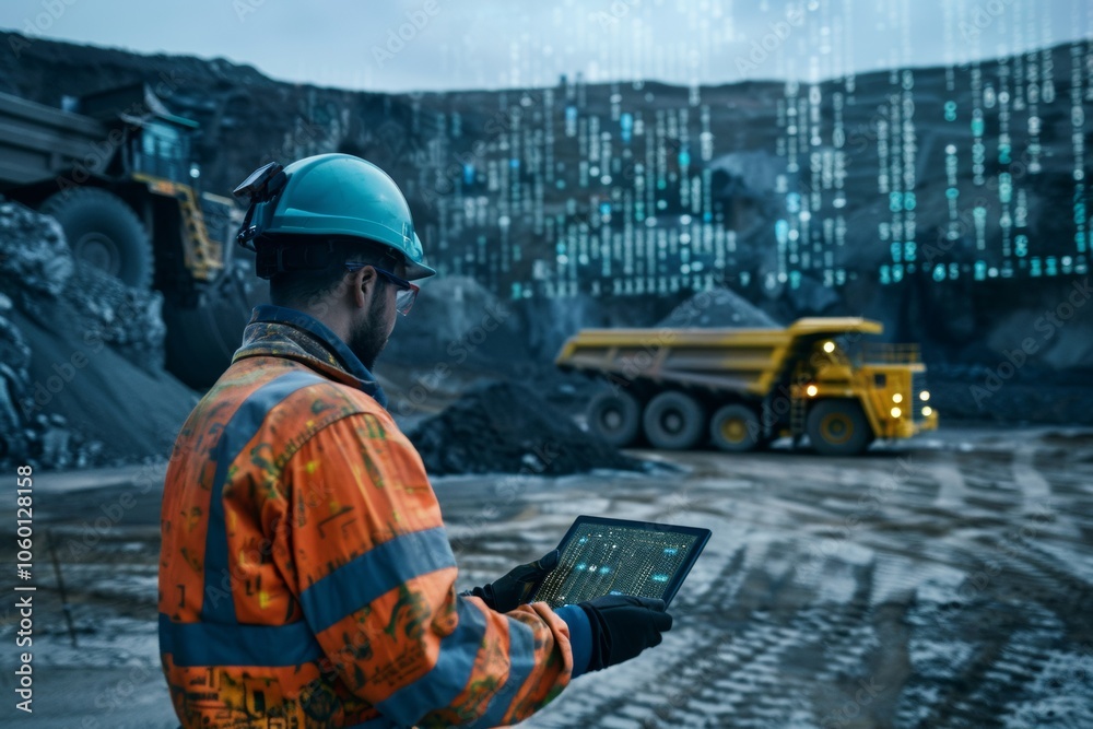 open pit man using tablet controlling dumper trucks online wireless system connection coal mine ...