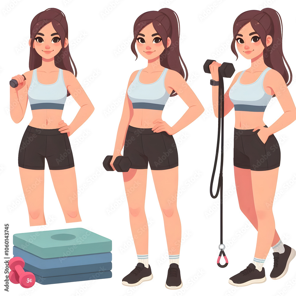 Female athlete demonstrating different workout poses with dumbbells and ...