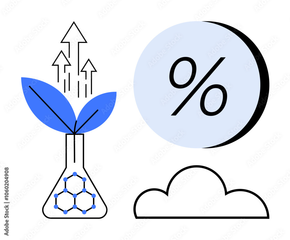 Plant in flask with arrows signifying growth, large percentage sign in ...