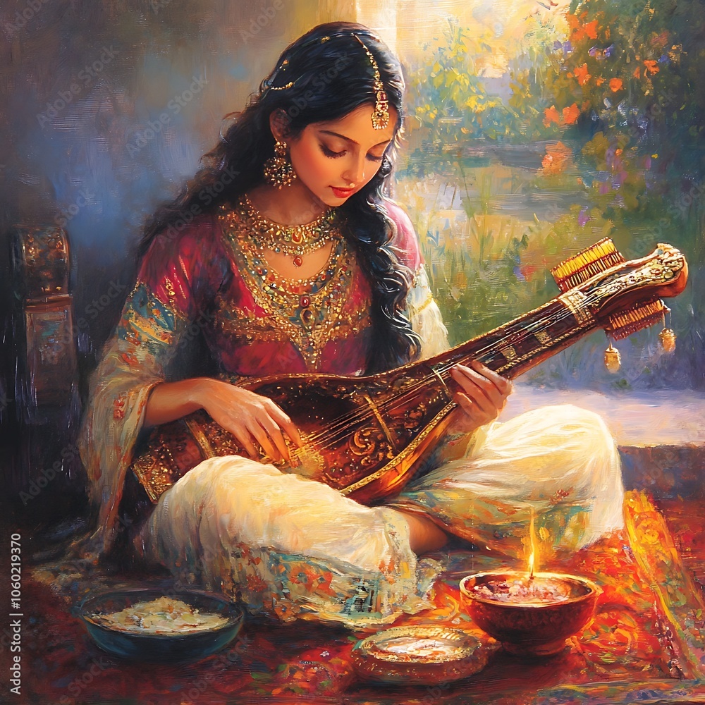 Indian Woman Playing a Sitar in a Traditional Setting. Stock ...