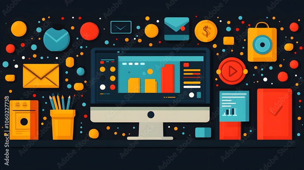 Multichannel marketing analytics on desktop screen, email and social ...