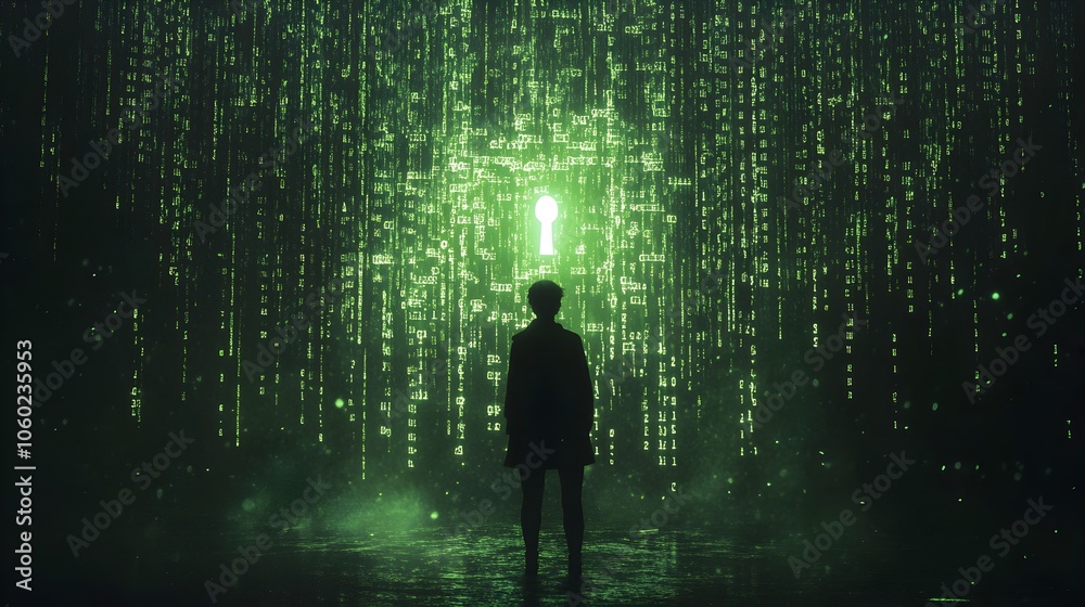 Hacker standing in dark room facing a wall of encrypted digital data with green code raining ...