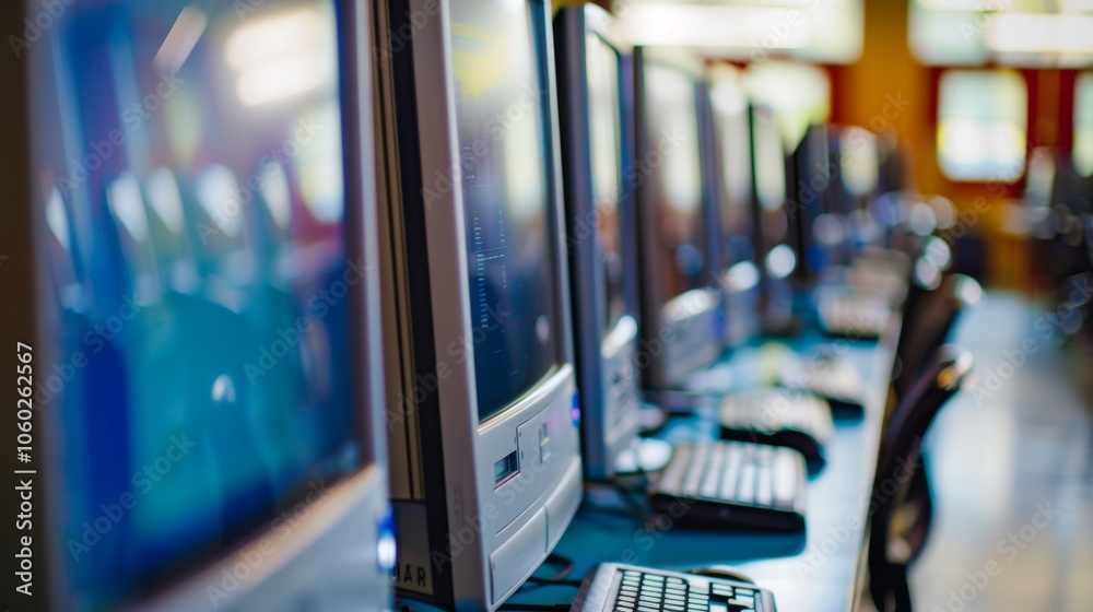 A row of computers equipped with educational software and internet ...