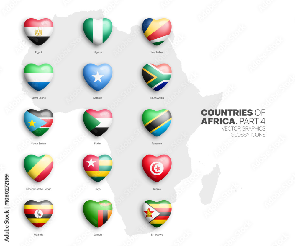 All African Countries Flags Vector 3D Heart Glossy Icons Set Isolated ...