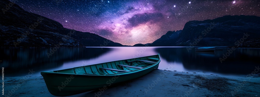 Photo of a green rowboat on the shore of an ancient lake, under a ...