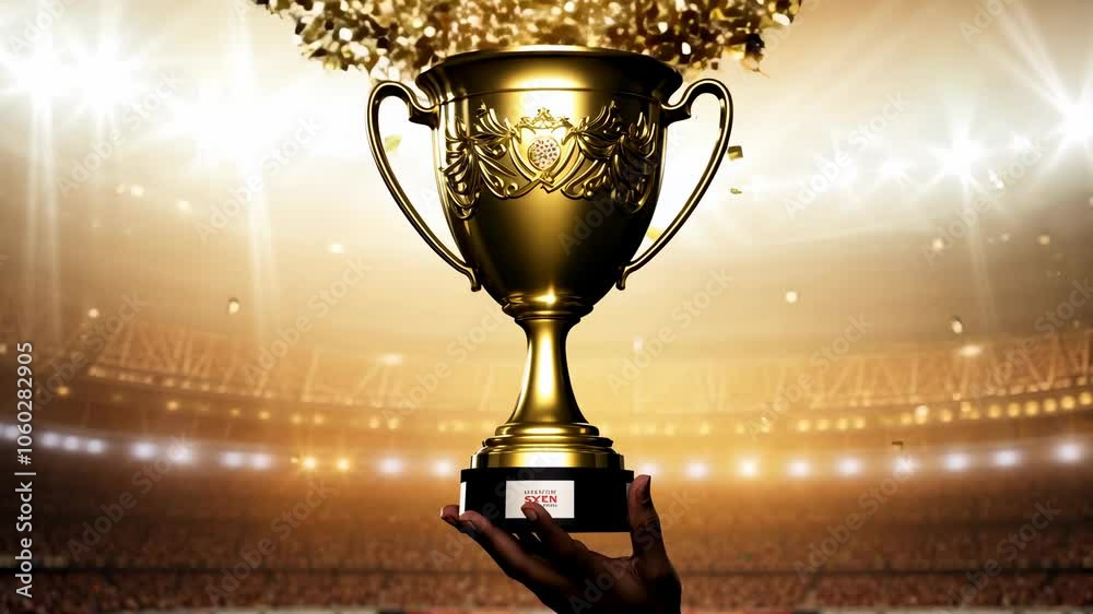 Gold Cup of the champion in hand at the stadium with confetti, sports ...