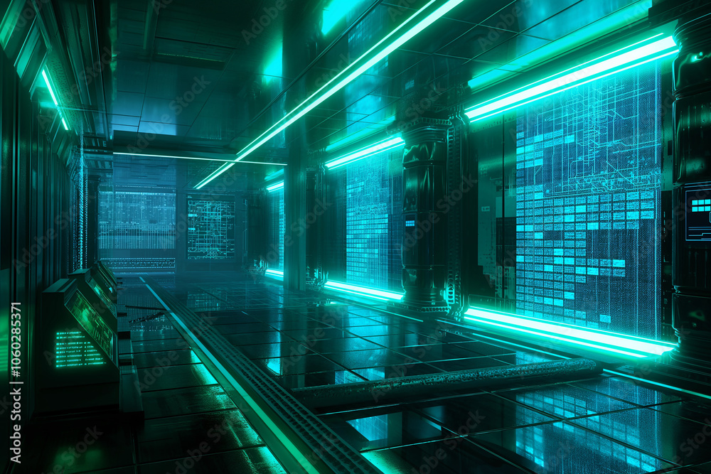 Futuristic blue and green virtual data display, showcasing floating lines of code and neon ...