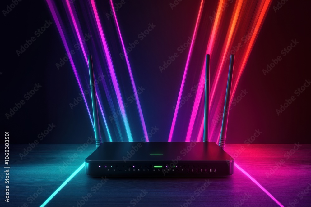 The router sits centrally while colorful, glowing lines extend outward ...