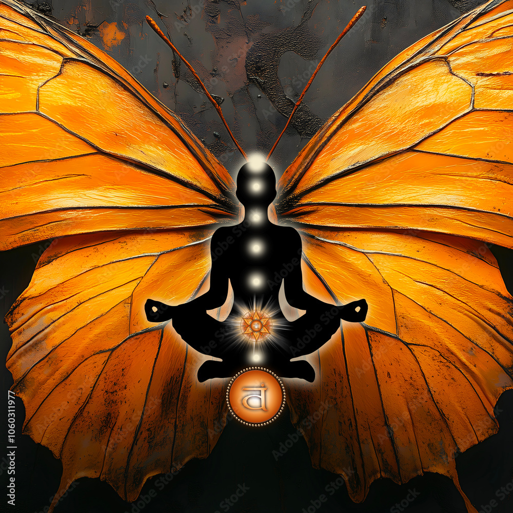 Sacral Chakra (Svadhisthana) Meditation. Human silhouette in yoga lotus ...