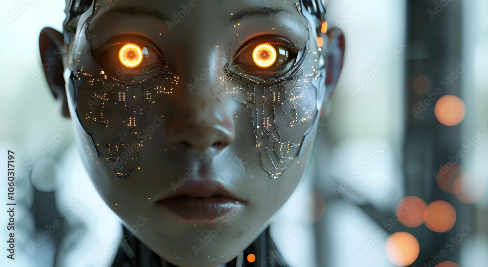 Cybernetic Child: Close-up of a futuristic android child with glowing ...