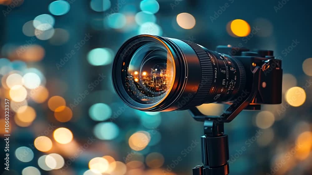 A close-up of a professional camera lens with a blurry bokeh background ...