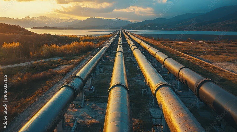 Refinery pipelines stretching across the landscape, intricate network ...