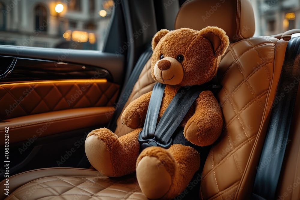 Teddy bear wearing seatbelt in luxury car promoting child safety Stock ...