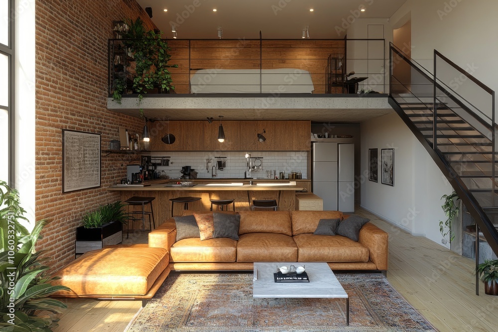 Modern open plan loft apartment interior with brick wall and mezzanine ...