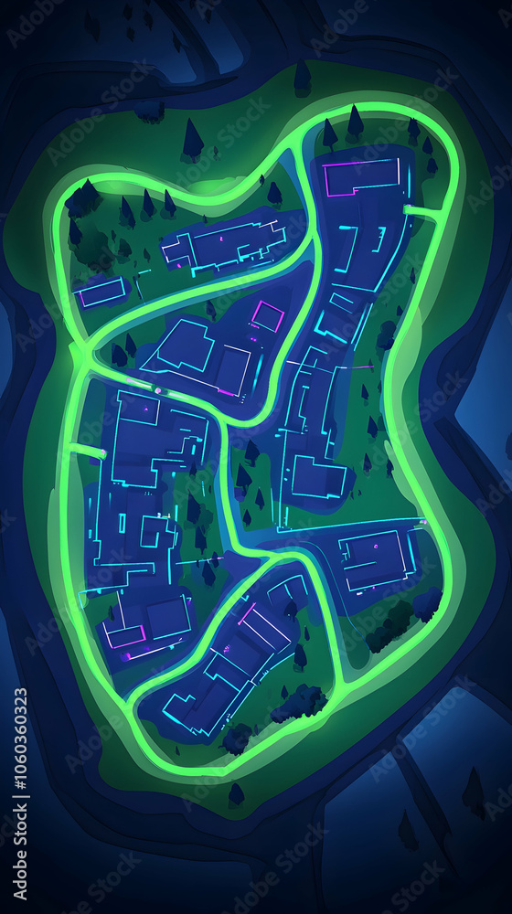 Neon city map with winding roads and glowing buildings. Stock ...