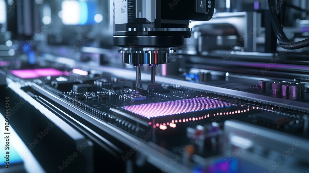 A detailed view of the semiconductor packaging process, where a pick ...