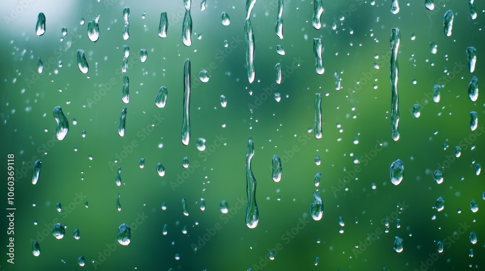 Droplets of rain cascade down glass window, creating serene atmosphere ...