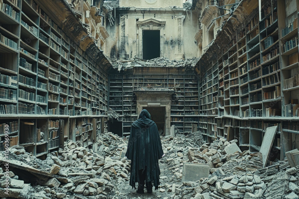 A cloaked figure stands in a decayed library amidst debris, capturing a ...
