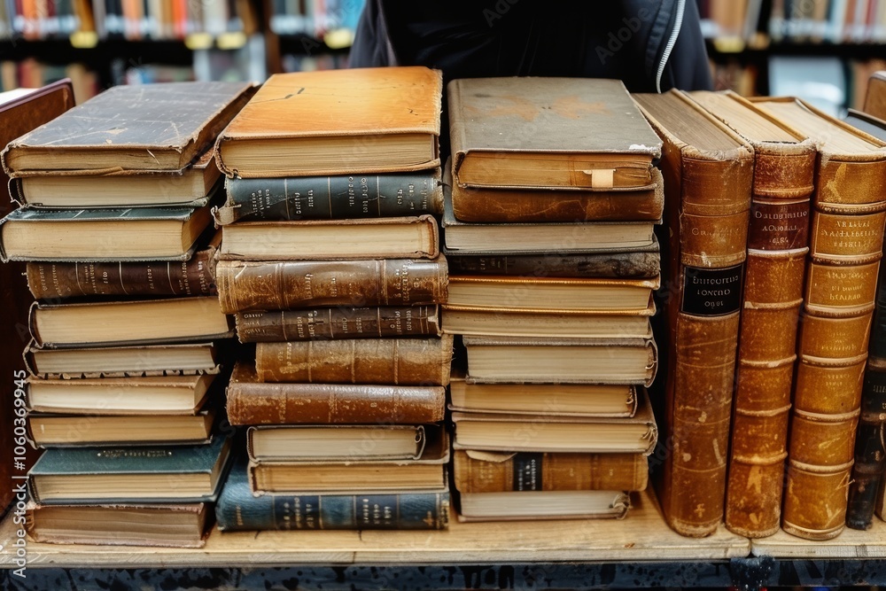 A collection of antique books stacked neatly on a shelf in a library ...