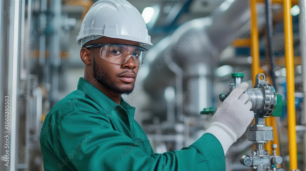 Worker operating a control valve to regulate oil flow in a refinery s ...