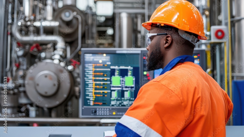 Workers in a refinery control room monitoring complex machinery and ...