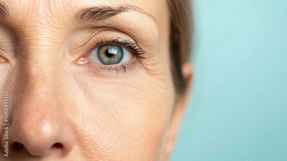 Zoomin on a face with fine lines and wrinkles around the eyes, showing ...