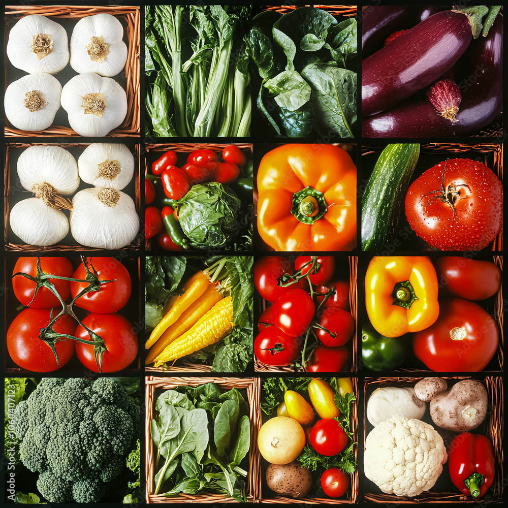Collage of fresh vegetables arranged as a vibrant, healthy food ...