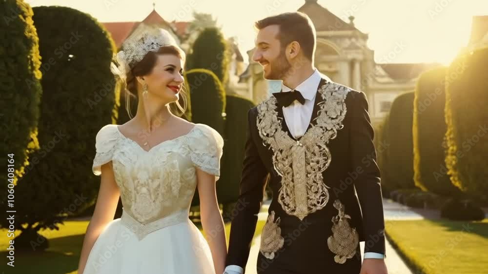 Stylish elegant bride and groom hand in hand walk through garden park ...