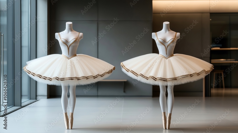 Two elegant mannequins displaying white ballet tutus with gold trim ...