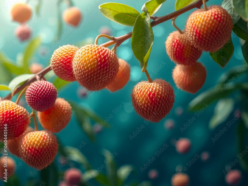 A bunch of small red fruits hanging from a tree branch. The fruits are ...