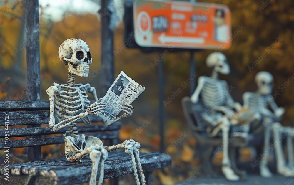 Skeleton Waiting for a Bus: A skeleton sitting on a bench at a bus stop ...