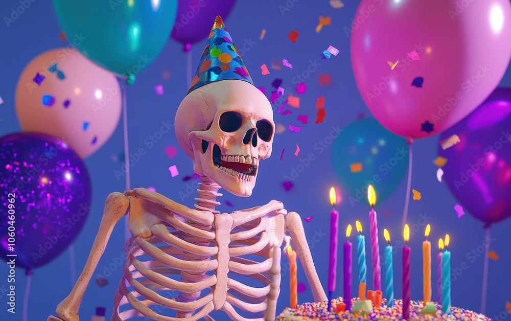 Skeleton Celebrating a Birthday: A skeleton wearing a party hat, blowing out candles on a cake ...