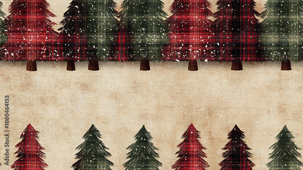 Checkered Christmas trees in red and green, snowflakes gently falling ...