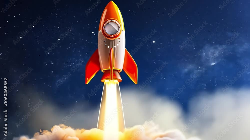 Rocket Launch: A vibrant orange and white rocket blasts off into a ...