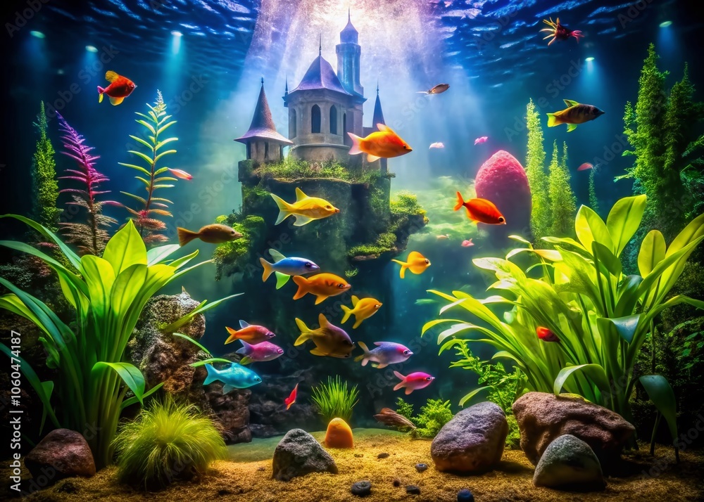 Colorful Fish in a Fishtank with Castle - Low Light Aquarium ...