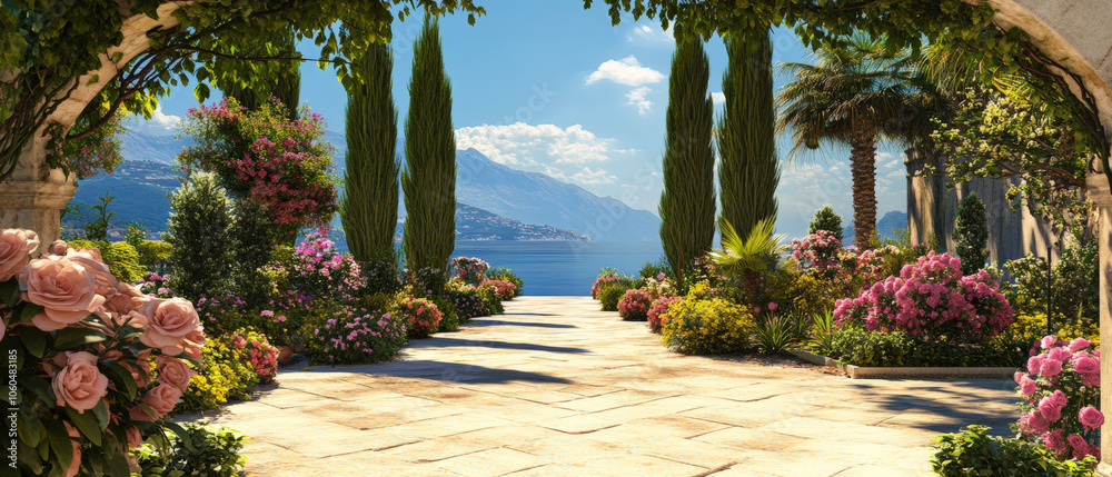 Fantasy Mediterranean garden terrace with a stone pathway lined with ...